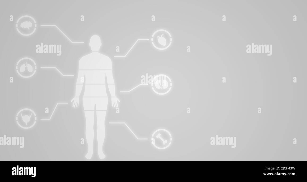 Digitally generated image of human body icon against copy space on grey ...