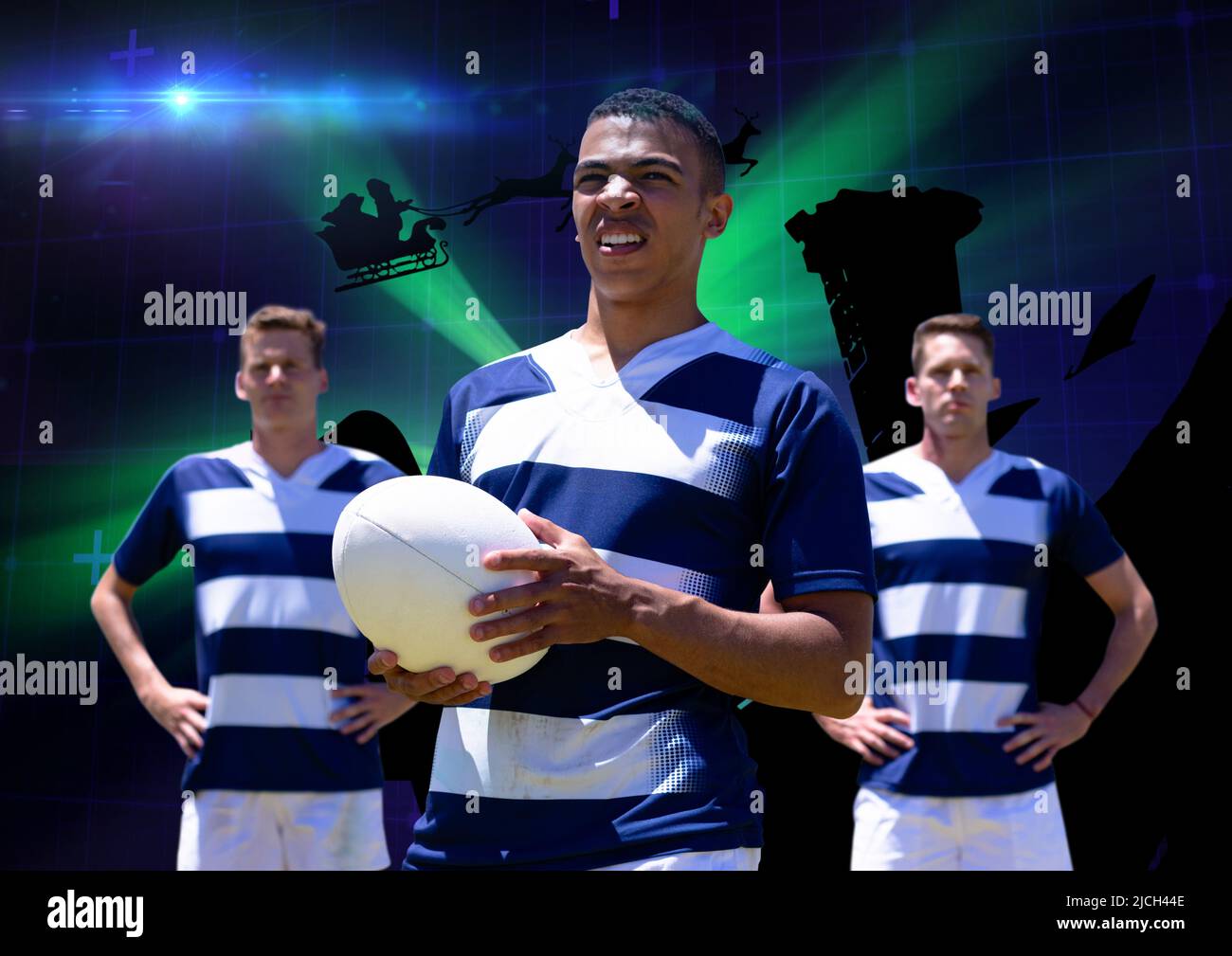 Team of diverse male rugby players against green spot of light on blue ...