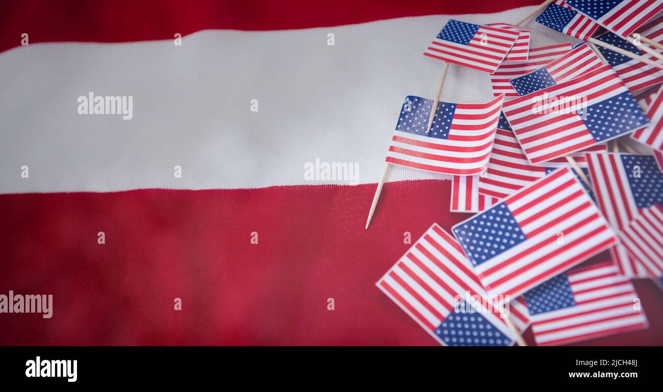 Close up view of multiple miniature american flags with copy space on ...