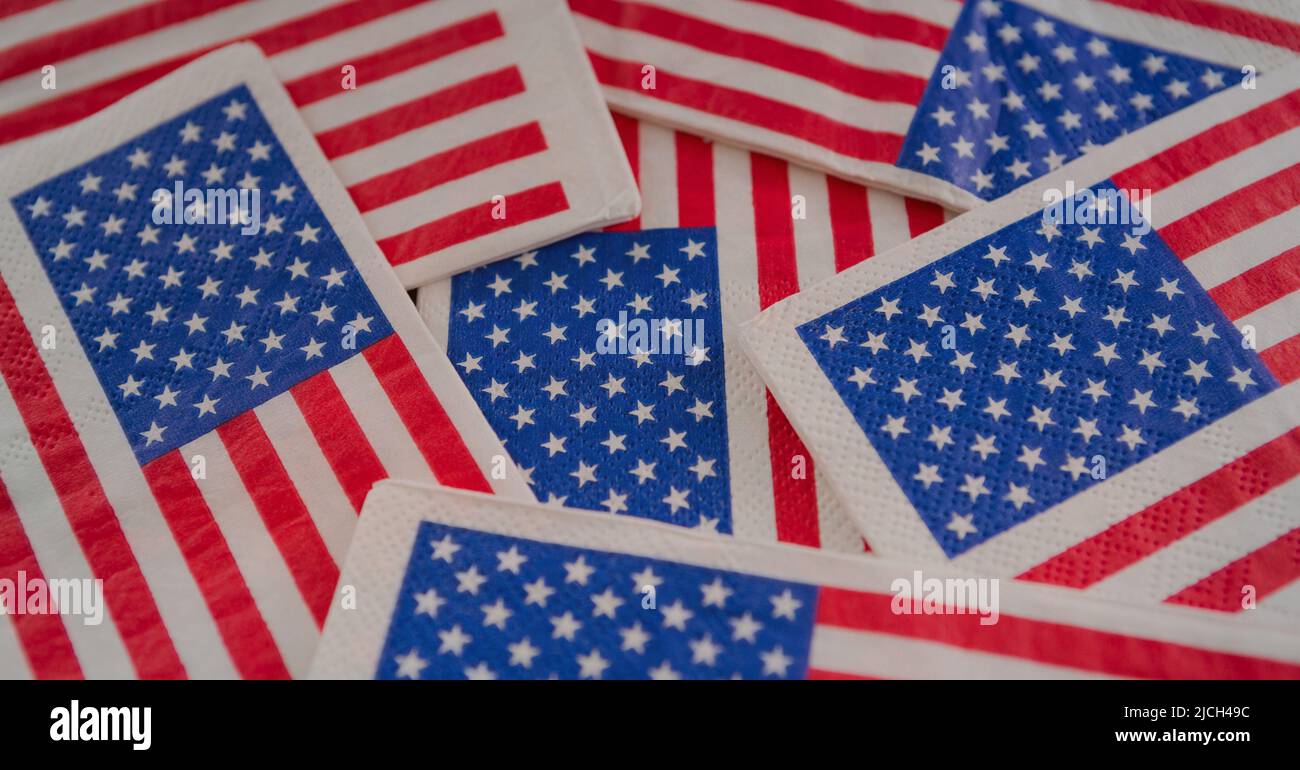 Close up view of multiple miniature american flags with copy space ...