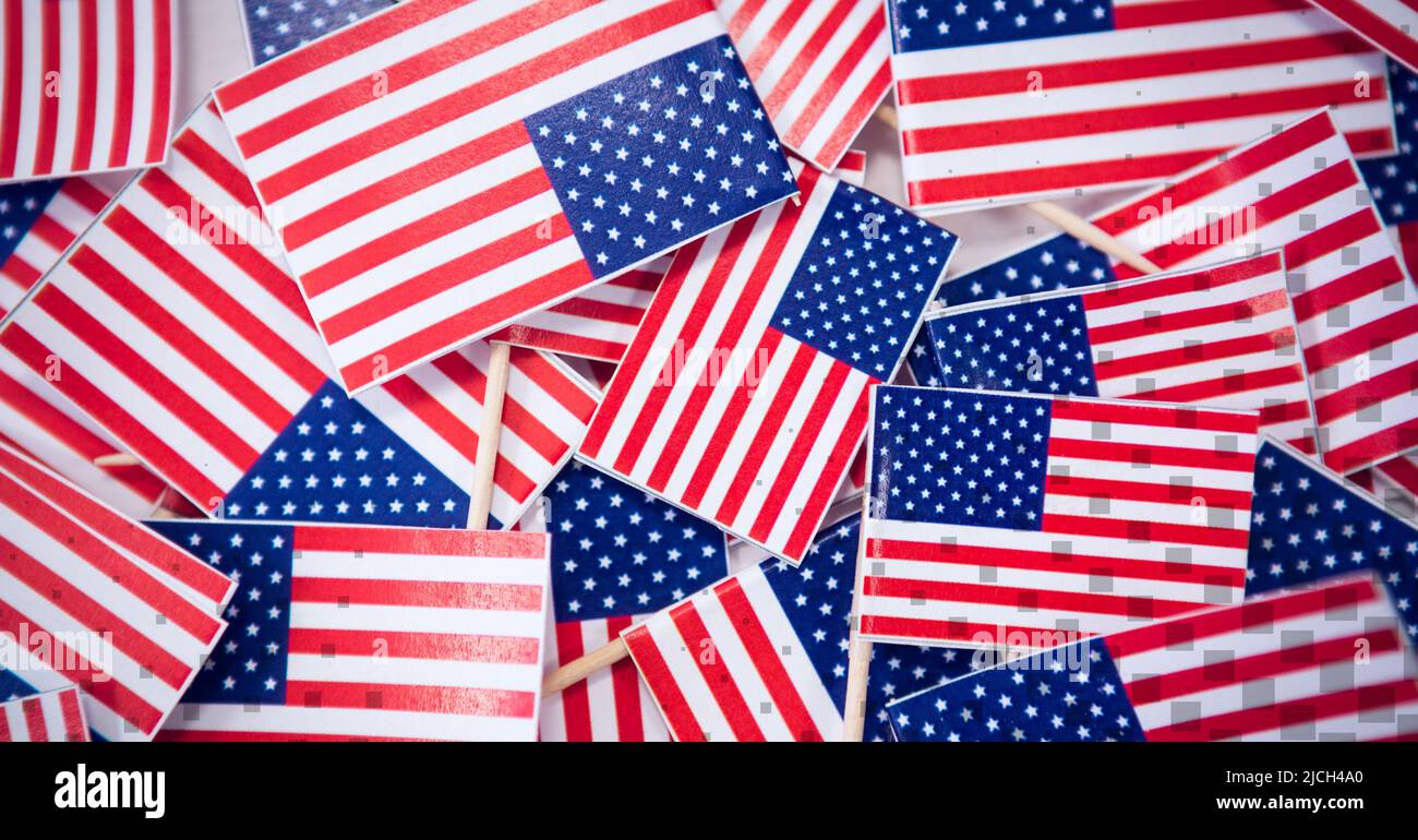 Close up view of multiple miniature american flags with copy space ...