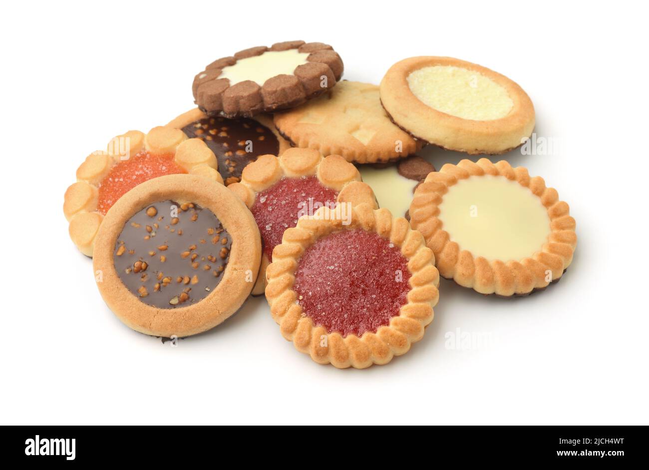 Pile of various round cookies isolated on white Stock Photo - Alamy