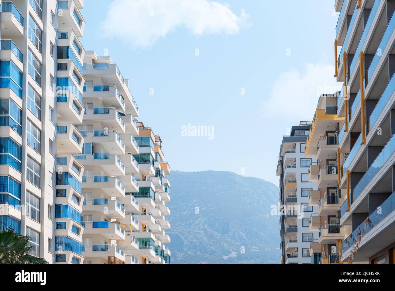 Urban landscape with residential buildings of modern architecture. Real ...