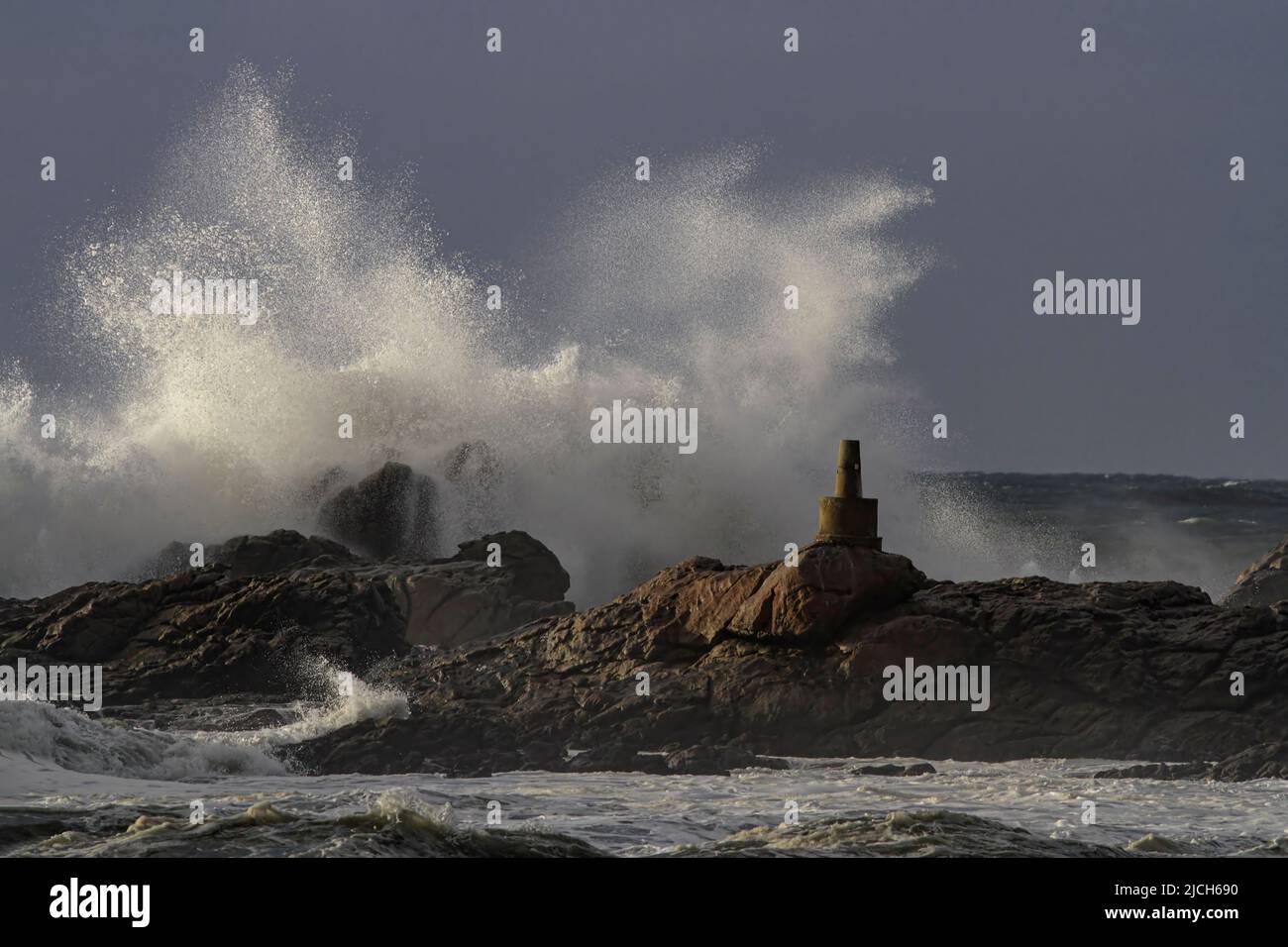 Geodesic landmark under sea storm seeimg big wave splash, northern ...