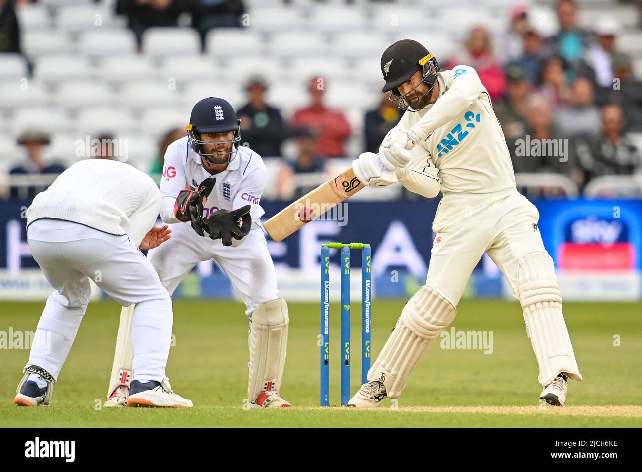 Nottingham, UK. 13th June, 2022. Tom Blundell of New Zealand hits a ...