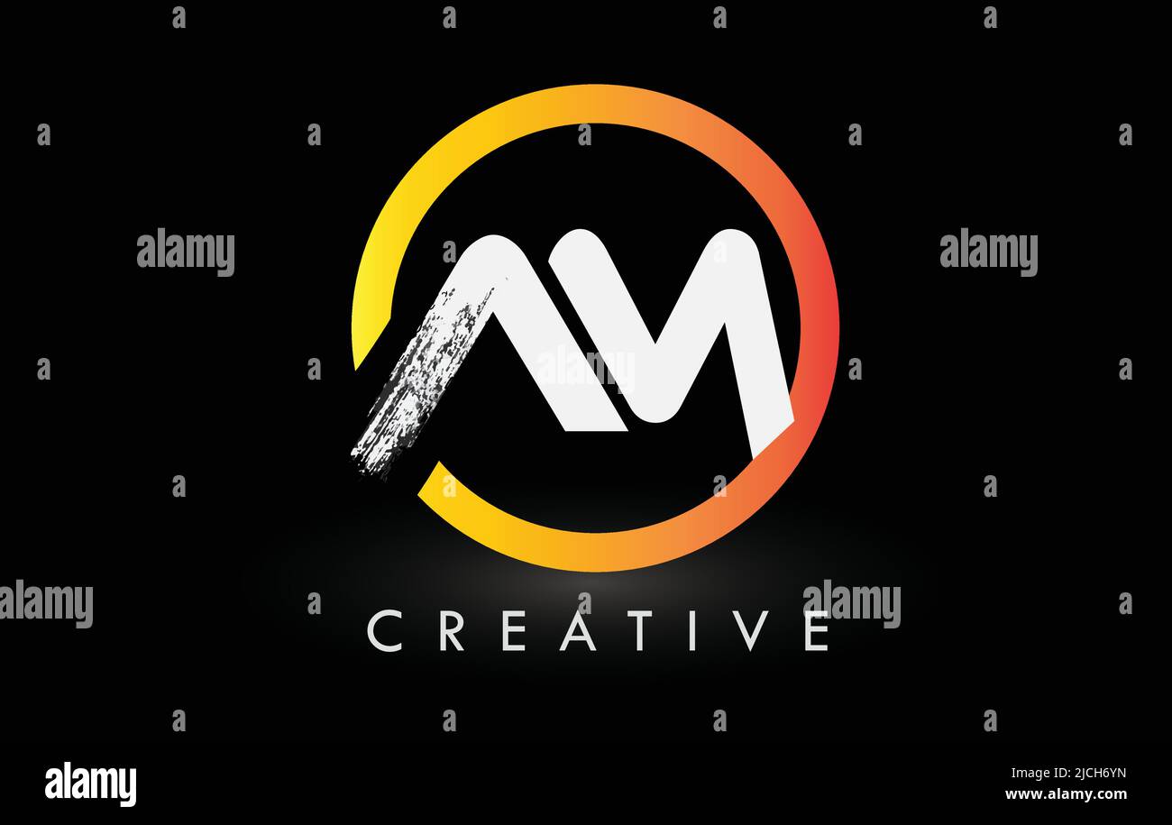 Circular White AM Brush Letter Logo Design with Black Circle. Creative ...