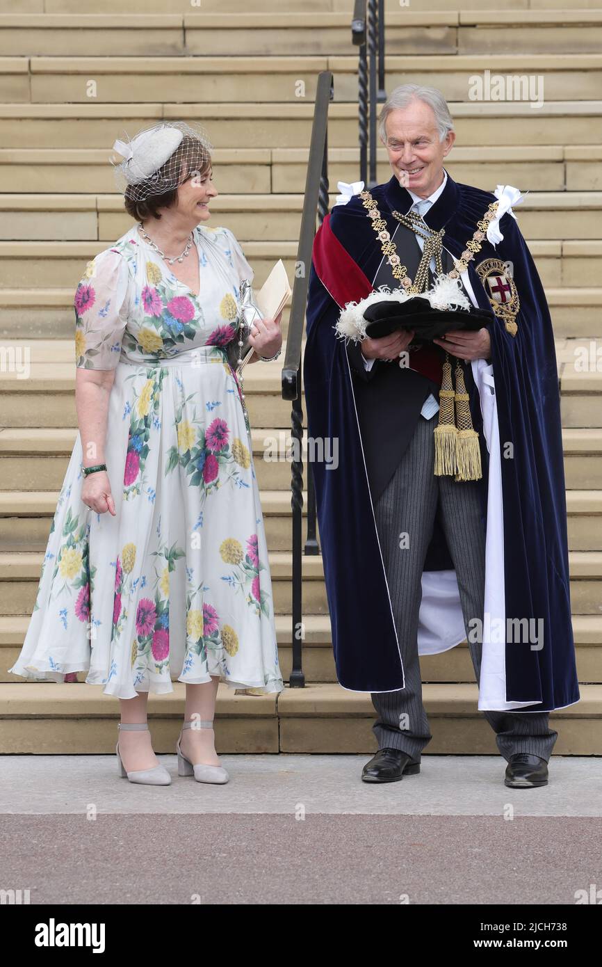 Former Prime Minister Tony Blair And His Wife Cherie Blair Attend The Annual Order Of The Garter
