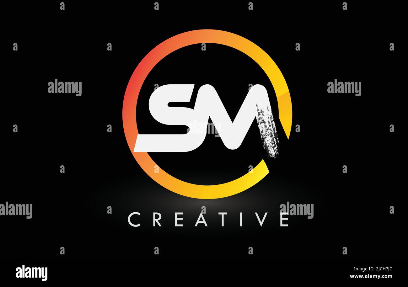 Circular White SM Brush Letter Logo Design with Black Circle. Creative ...