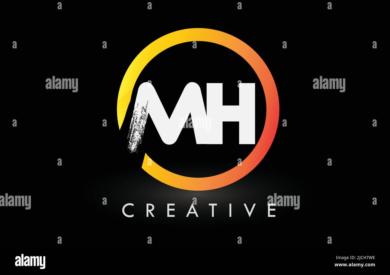 Circular White MH Brush Letter Logo Design with Black Circle. Creative ...