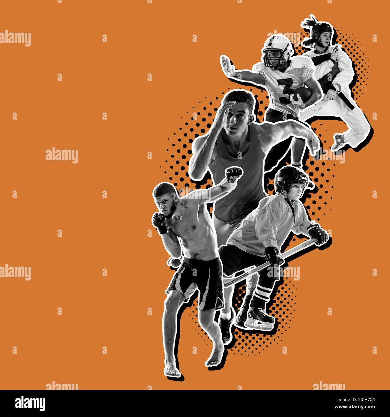 Sport collage. Poster graphics. Mma fighter, hockey, boxing, karate and ...