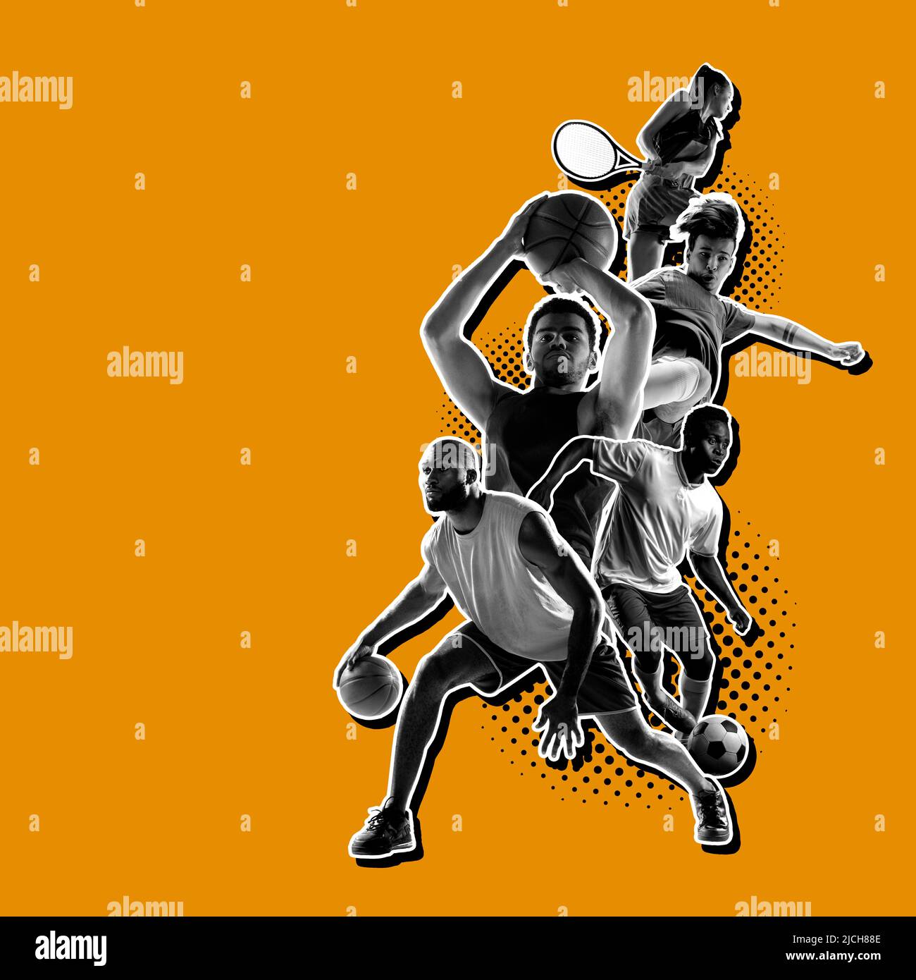 Sport collage. Poster graphics. Football, soccer, basketball and tennis ...