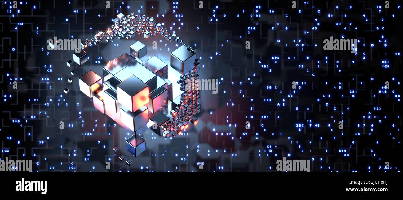 Artificial intelligence training concept. Hi-tech Square blocks are assembled into a cubic array ...