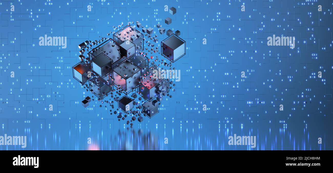 Blockchain technology concept. Hi-tech Square blocks are assembled into a cubic array against ...