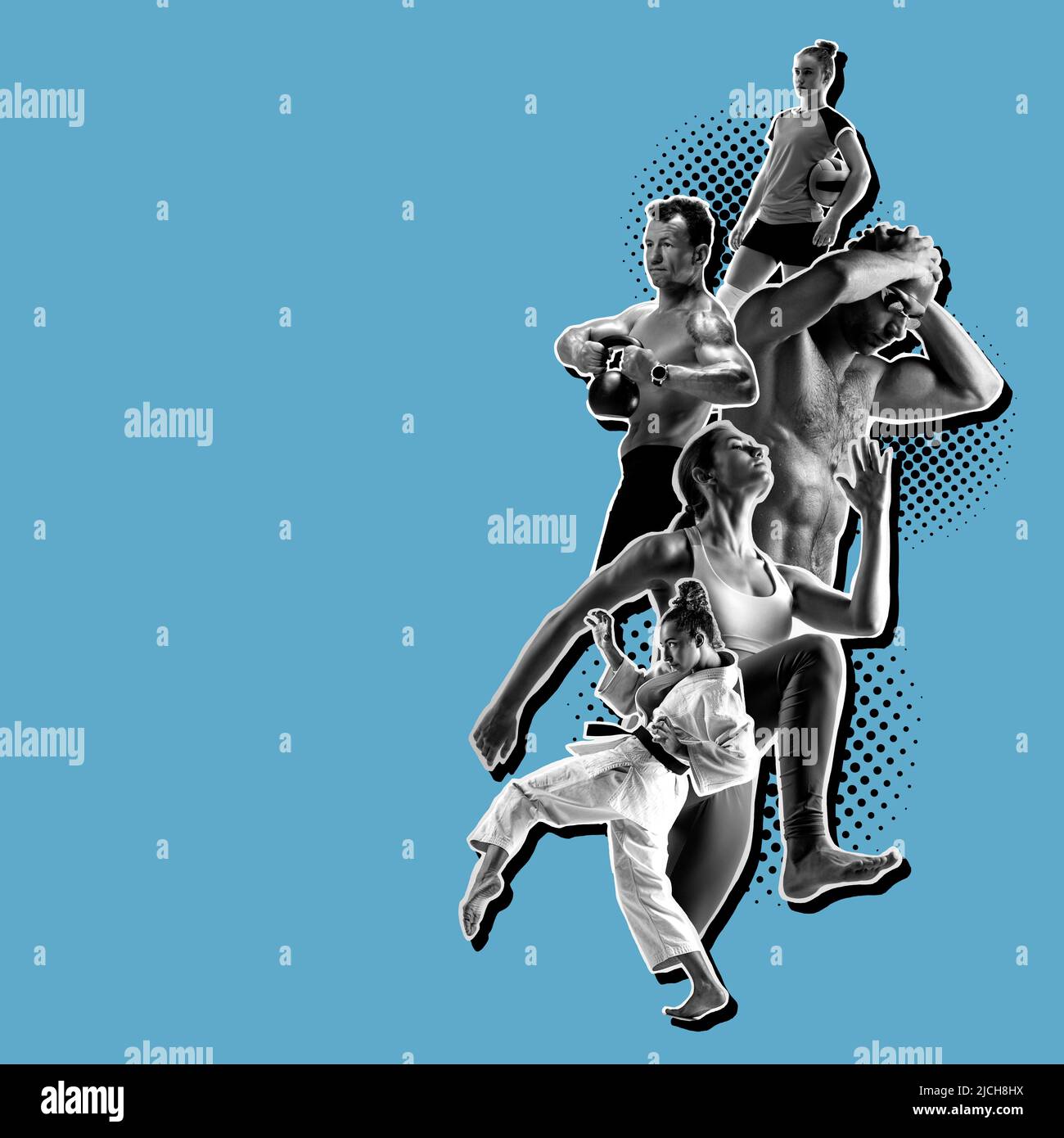 Karate, volleyball, runner and thai boxer. Sport collage. Poster ...