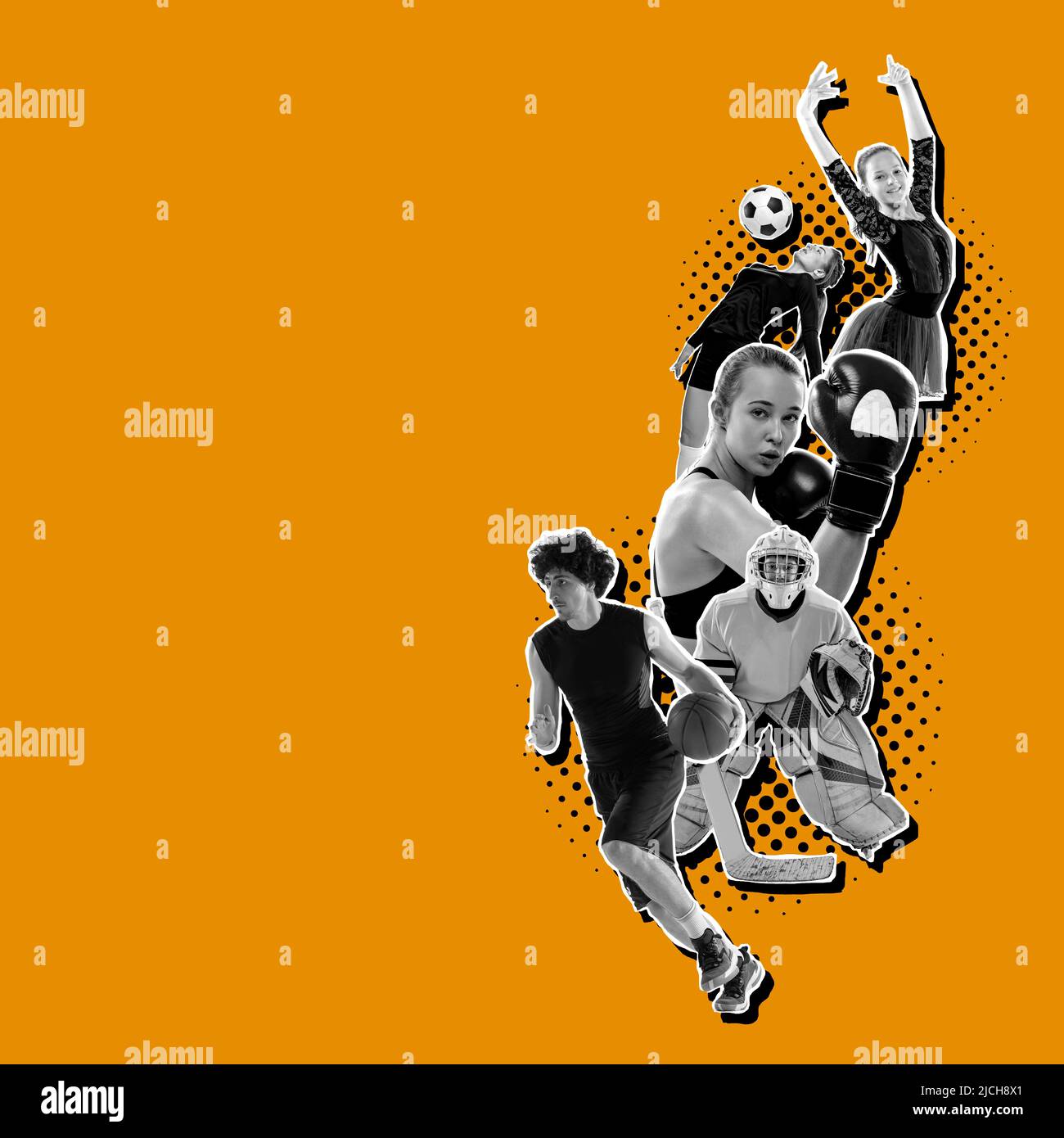Sport collage. Poster graphics. Football, soccer, basketball and hockey ...
