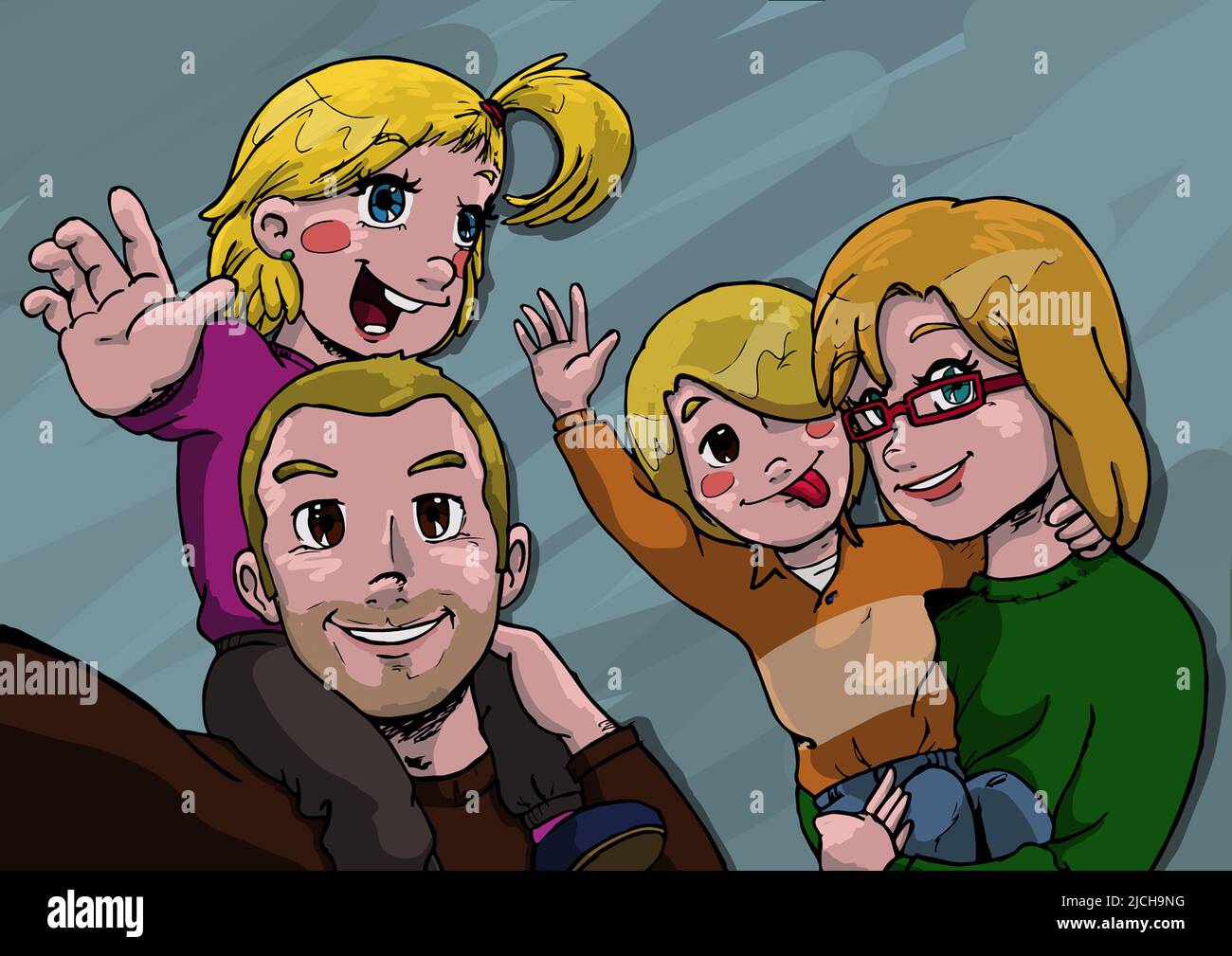 Cartoon Family Of 7 Kids