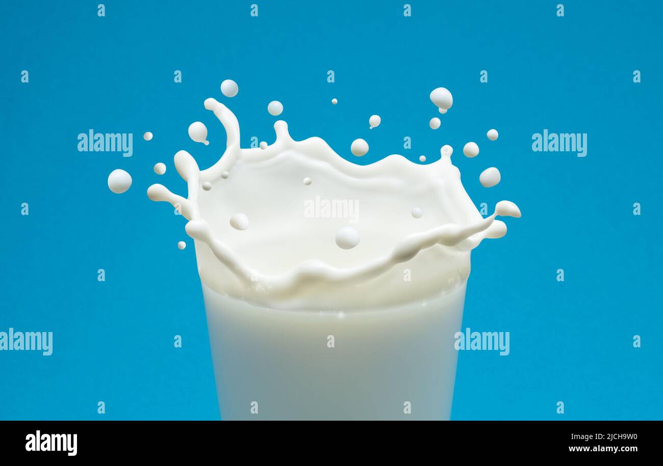 Milk splash in shape of crown in milk glass isolated on blue background ...