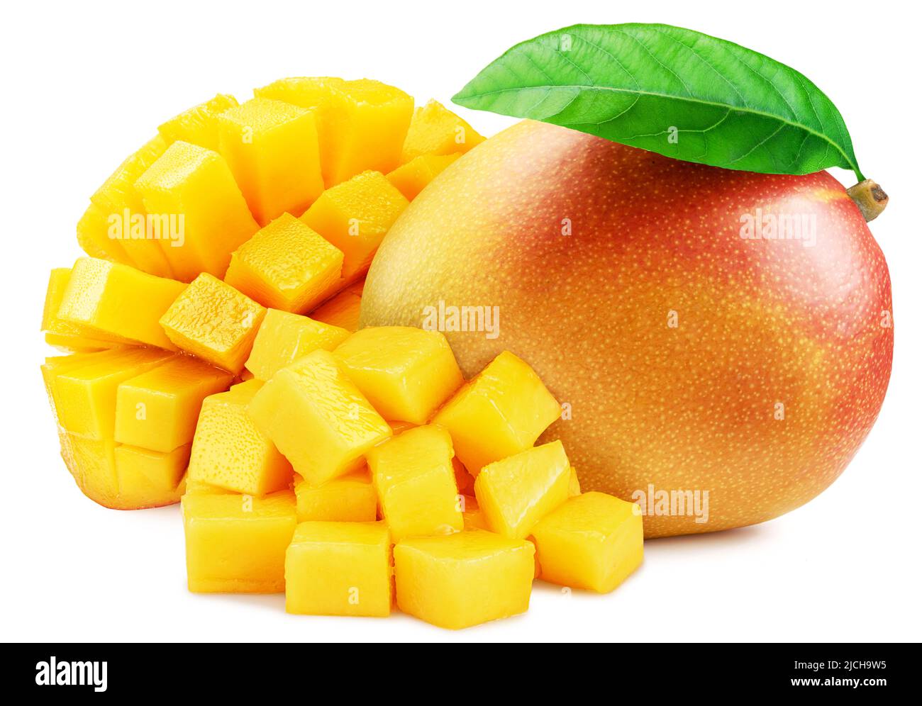 Mango fruit with green leaf and mango cut in hedgehog style isolated on ...