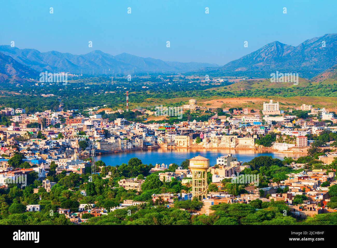 Pushkar town and lake aerial panoramic view in Rajasthan state of India ...