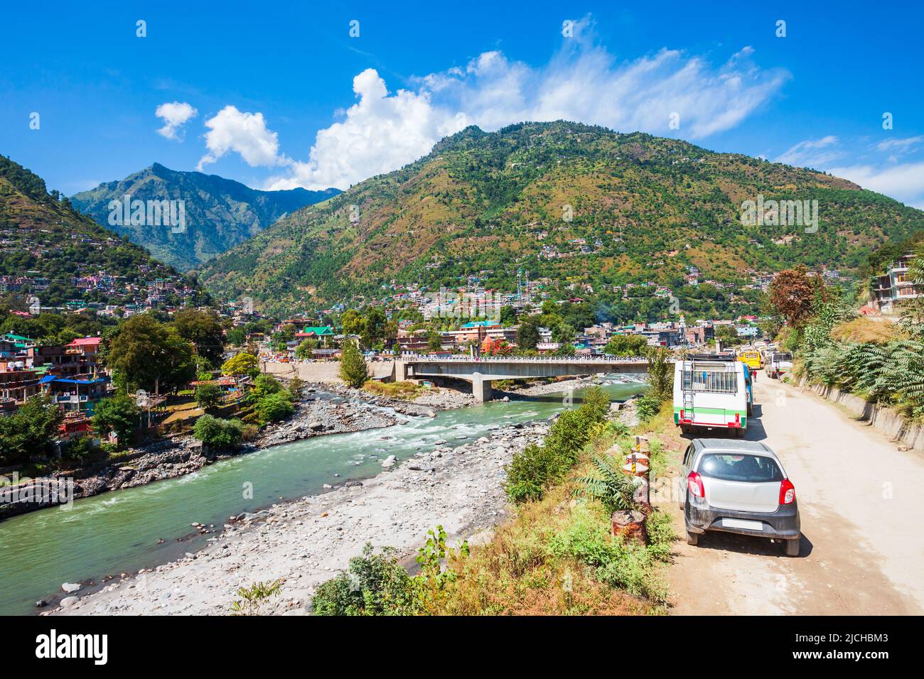 Beas river near Kullu town aerial panoramic landscape, Kullu valley in ...