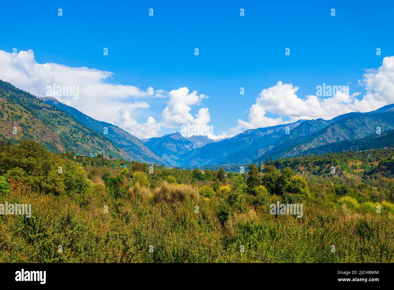 Scenic landscape panoramic view of the forested Himalaya mountains ...