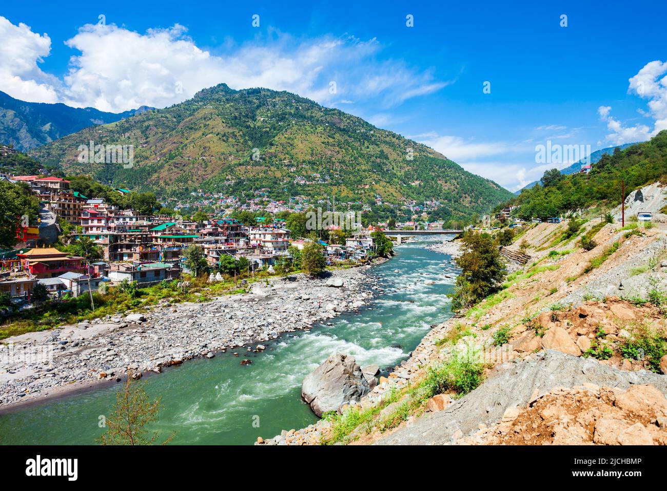 Beas river near Kullu town aerial panoramic landscape, Kullu valley in Himachal Pradesh state in ...