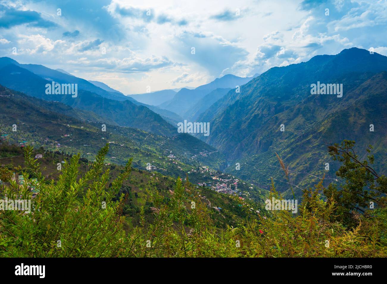 Scenic landscape panoramic view of the forested Himalaya mountains near ...
