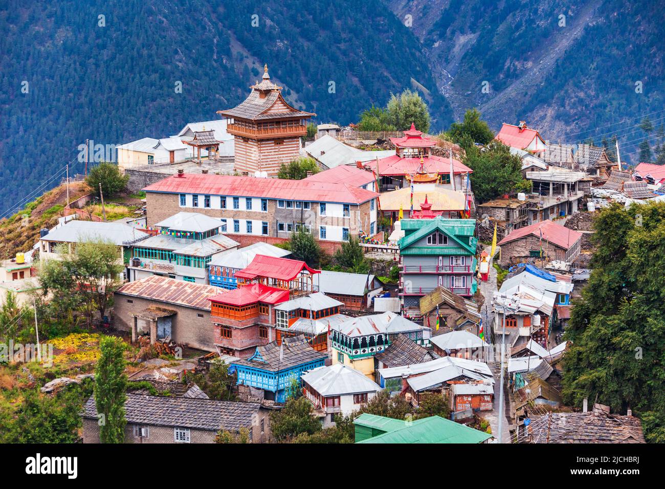 Maa Chandika Devi Ji Kila Temple aerial panoramic view in Kalpa. Kalpa ...
