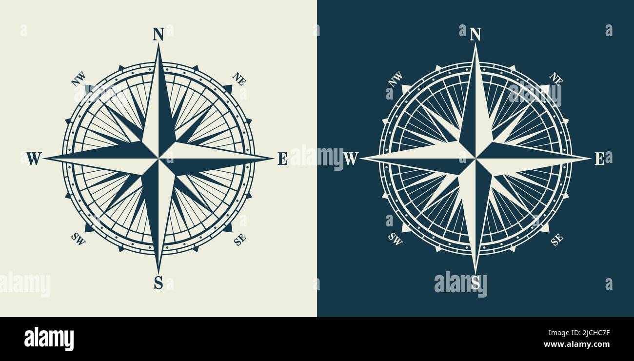 Vintage marine wind rose, nautical chart. Monochrome navigational ...