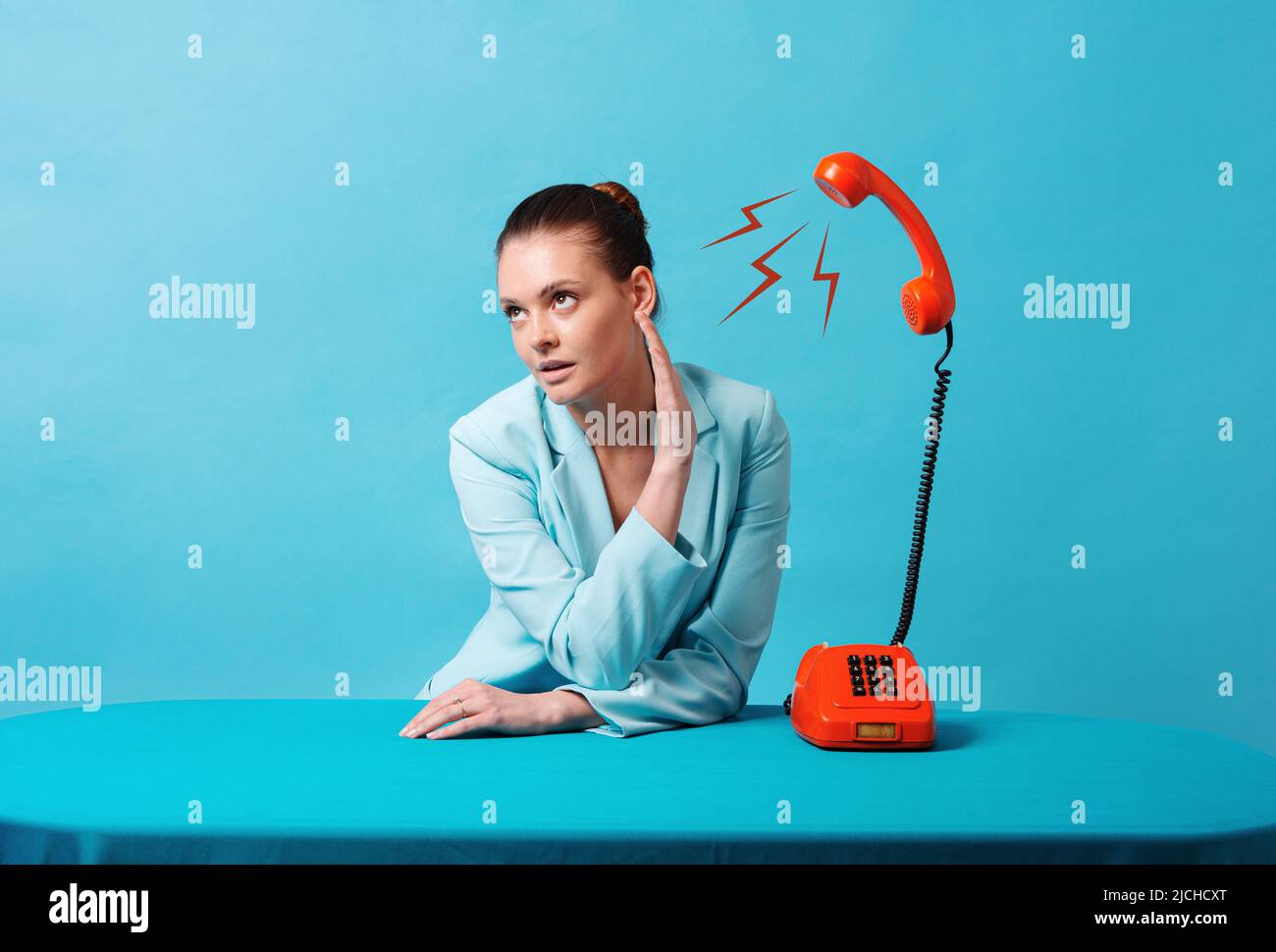 Woman talking over the phone over a blue background, concept Stock ...