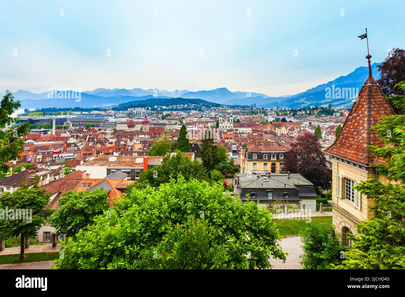 Lucerne city aerial panoramic view. Lucerne or Luzern is a city in ...