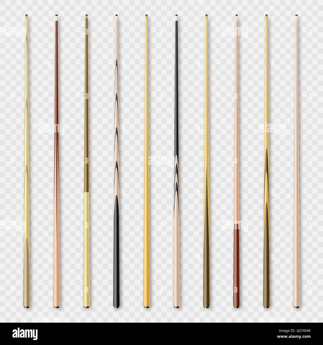 Various wooden billiard cues. Snooker sports equipment. Vintage pool ...