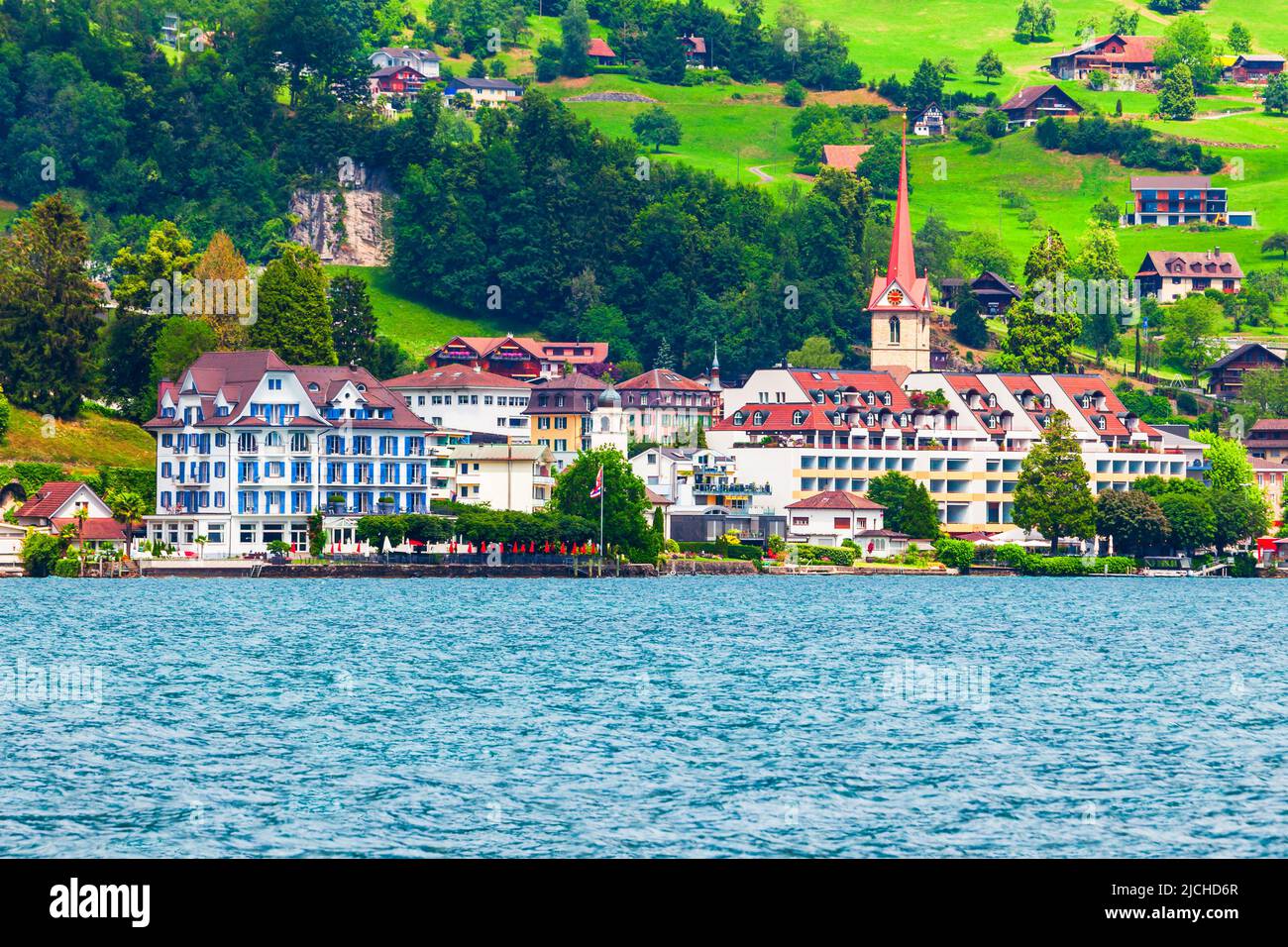 Weggis panoramic view. Weggis is a town on the northern shore of Lake ...