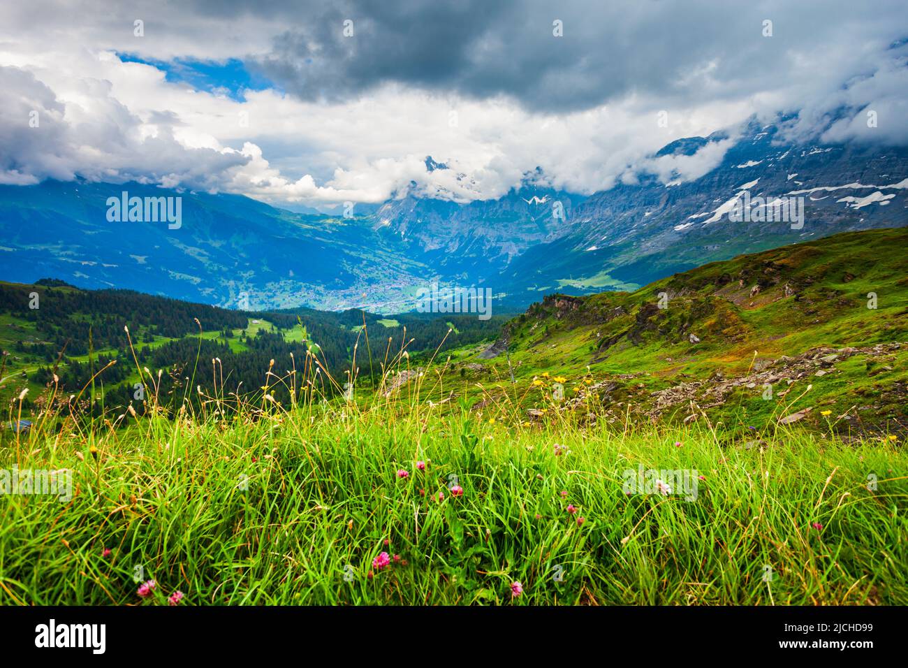 Alpine landscape, Lauterbrunnen valley panoramic view, Bernese Oberland ...