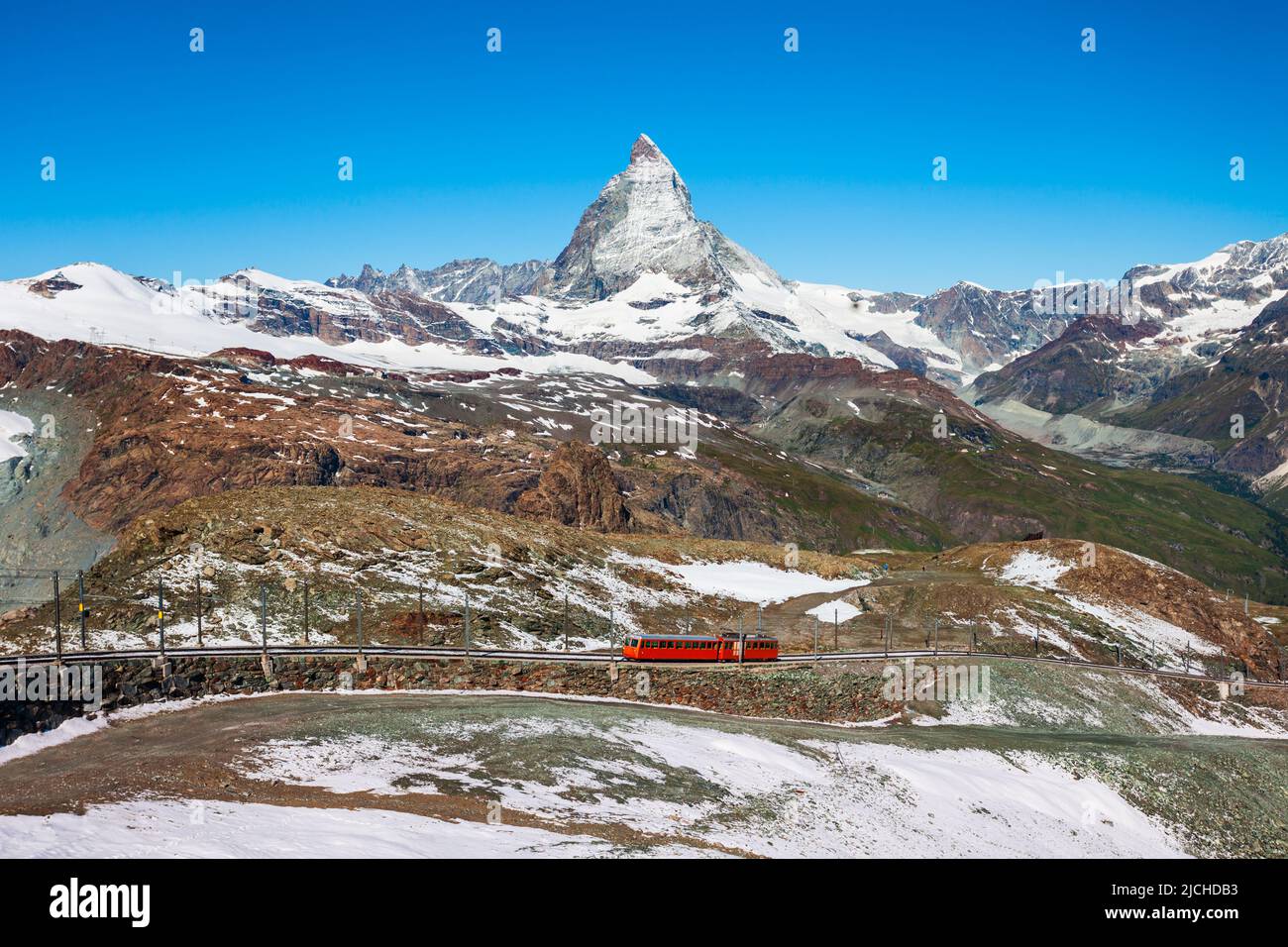 Train near the Gornergrat Bahn Railway, a mountain rack railway near ...