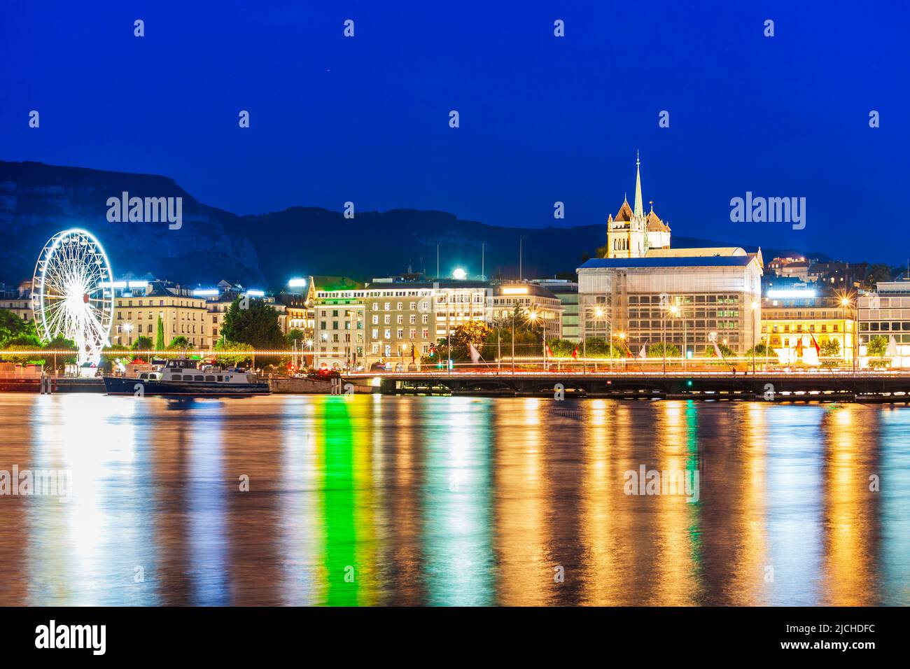 Geneva city centre aerial panoramic view. Geneva or Geneve is the ...