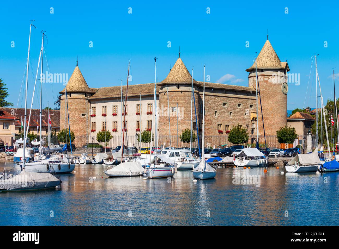 Medieval castle in Morges. Morges is a town on the shores of Lake Geneva in the canton of Vaud ...
