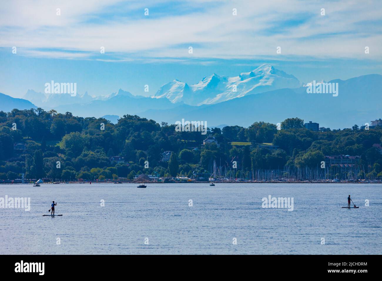 Mont Blanc mountain range panoramic view and Lake Geneva from Geneva city in Switzerland Stock ...