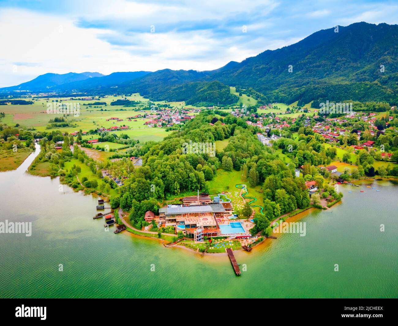 Kochelsee aerial panoramic view. Kochelsee or Lake Kochel is a lake 70 ...