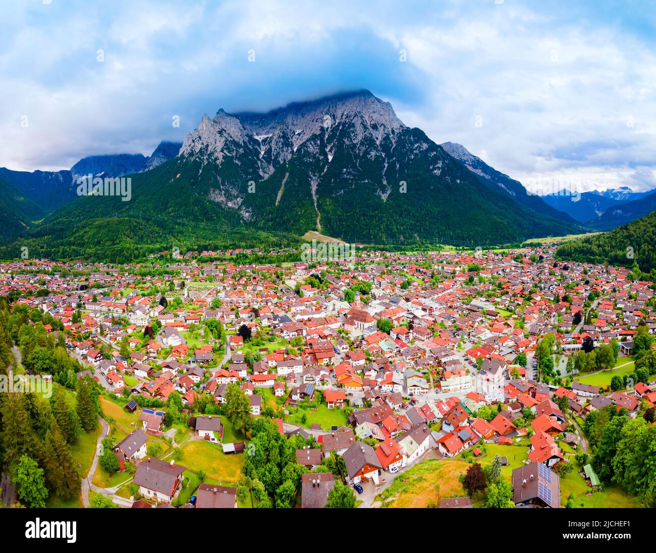 Mittenwald town and Karwendel mountain aerial panoramic view in Bavaria ...