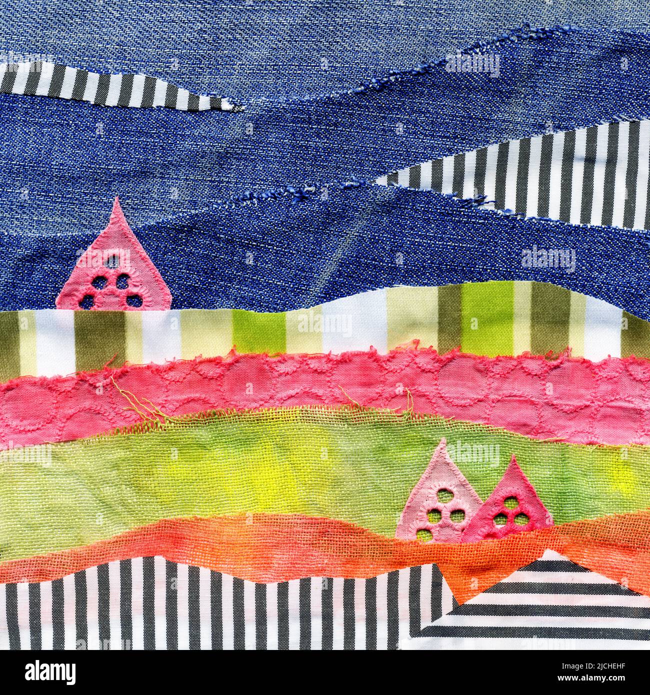 Fabric art applique Illustration. Patchwork forest landscape with trees ...