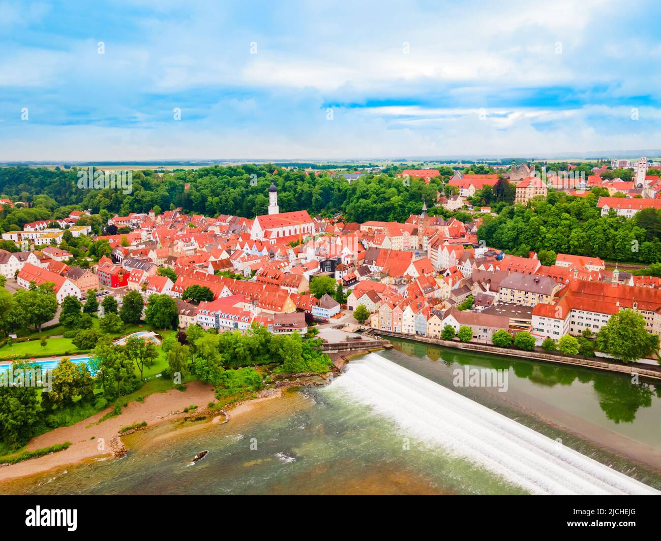 Lech river weir aerial panoramic view in Landsberg am Lech, a town in ...