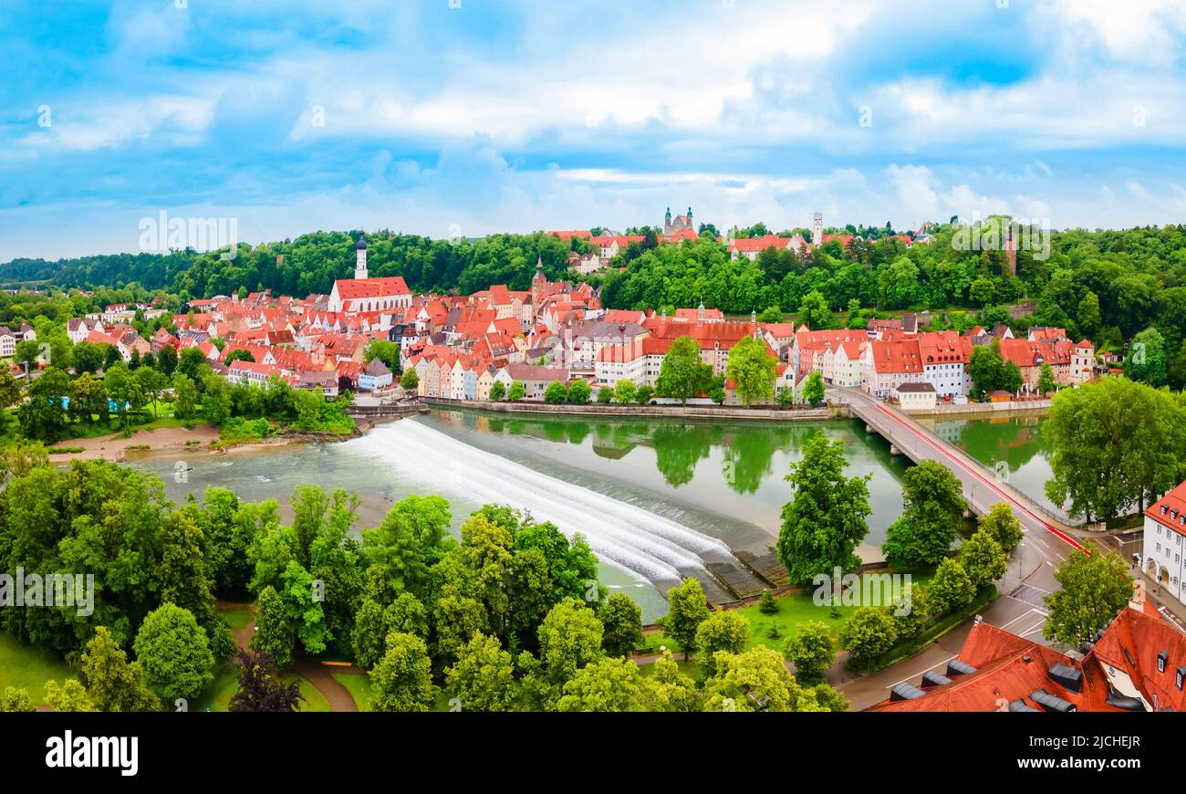 Lech river weir aerial panoramic view in Landsberg am Lech, a town in ...