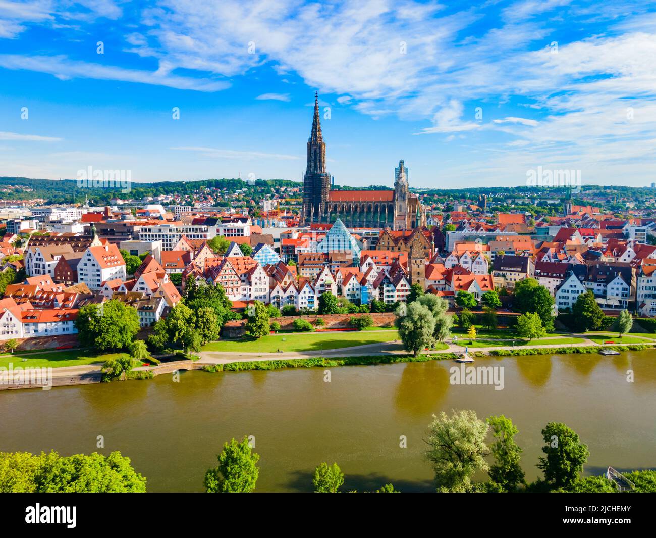 Ulm Minster or Ulmer Munster Cathedral aerial panoramic view, a ...