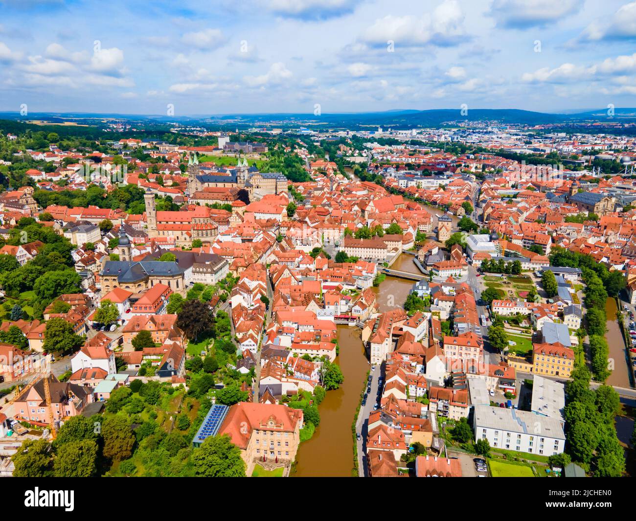 Bamberg old town aerial panoramic view. Bamberg is a town on the river ...