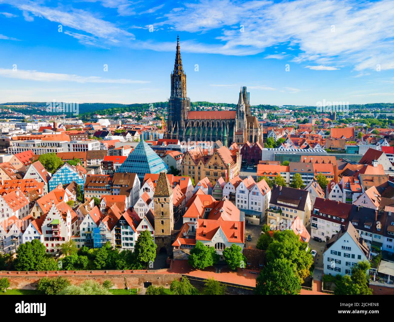 Ulm Minster or Ulmer Munster Cathedral aerial panoramic view, a ...