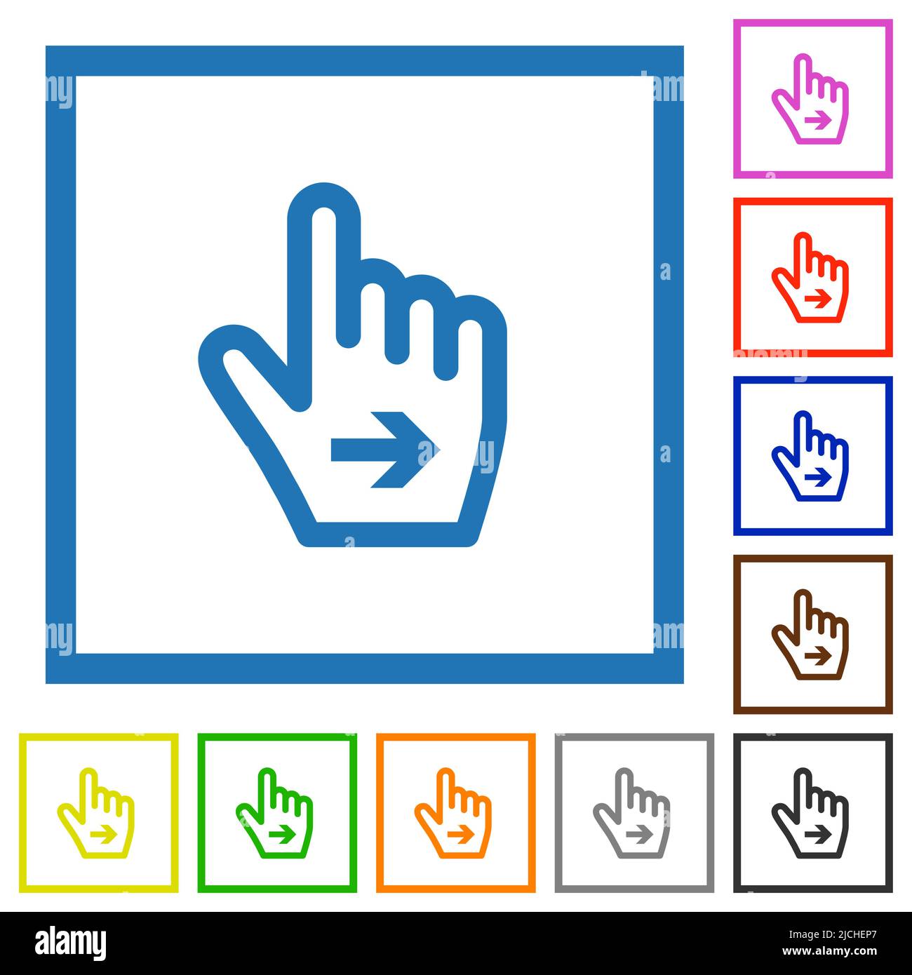 Hand cursor right outline flat color icons in square frames on white ...