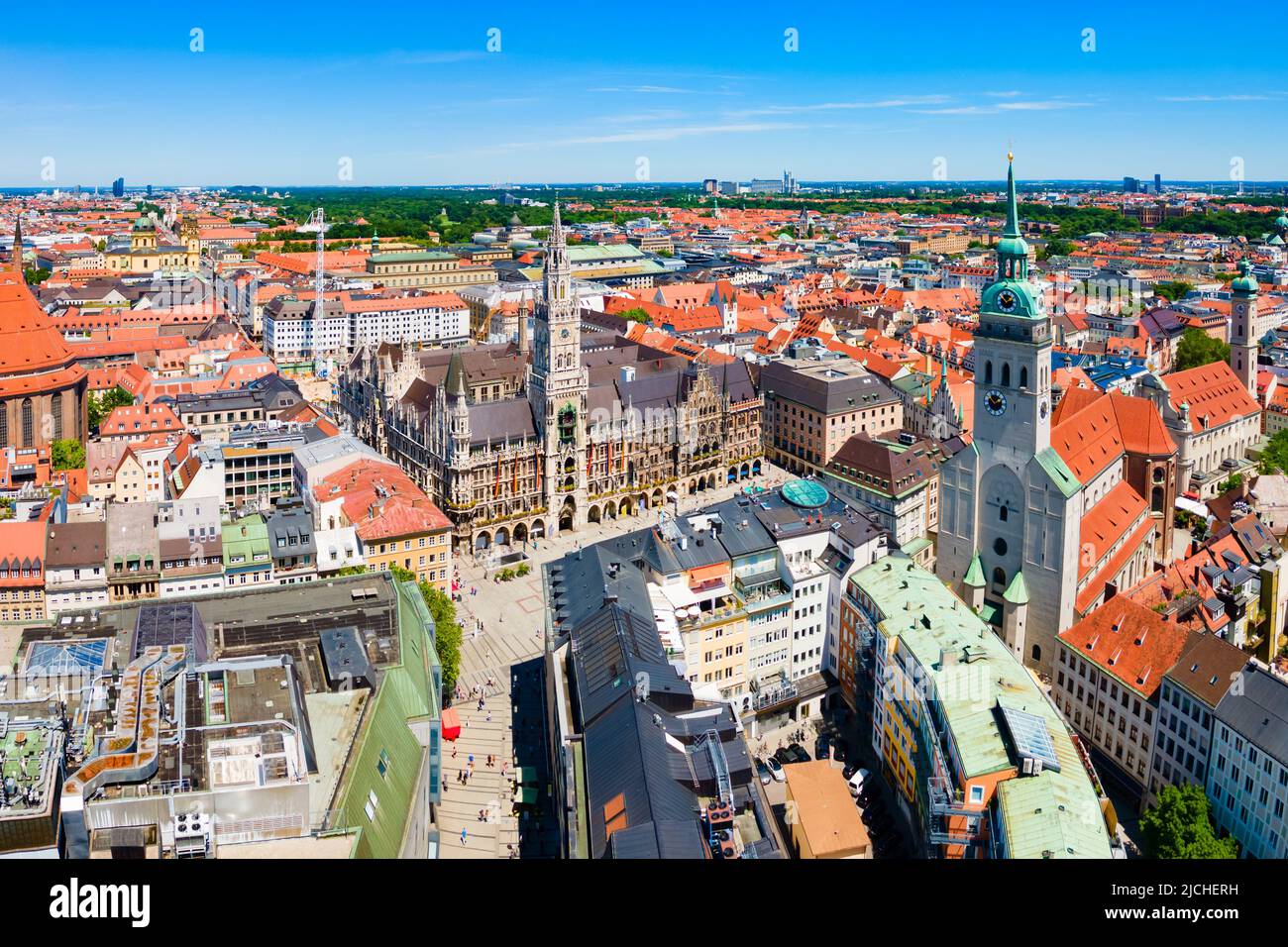 Marienplatz aerial panoramic view. Marienplatz or St. Mary square is a ...