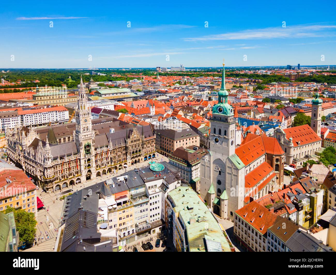 Marienplatz aerial panoramic view. Marienplatz or St. Mary square is a ...