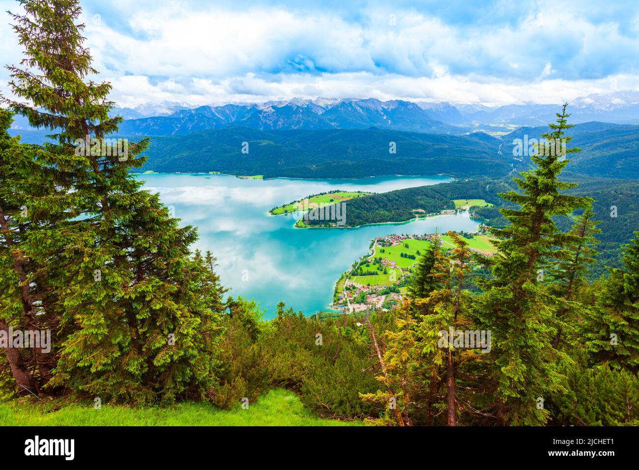 Walchensee aerial panoramic view from Herzogstand viewpoint. Walchensee ...